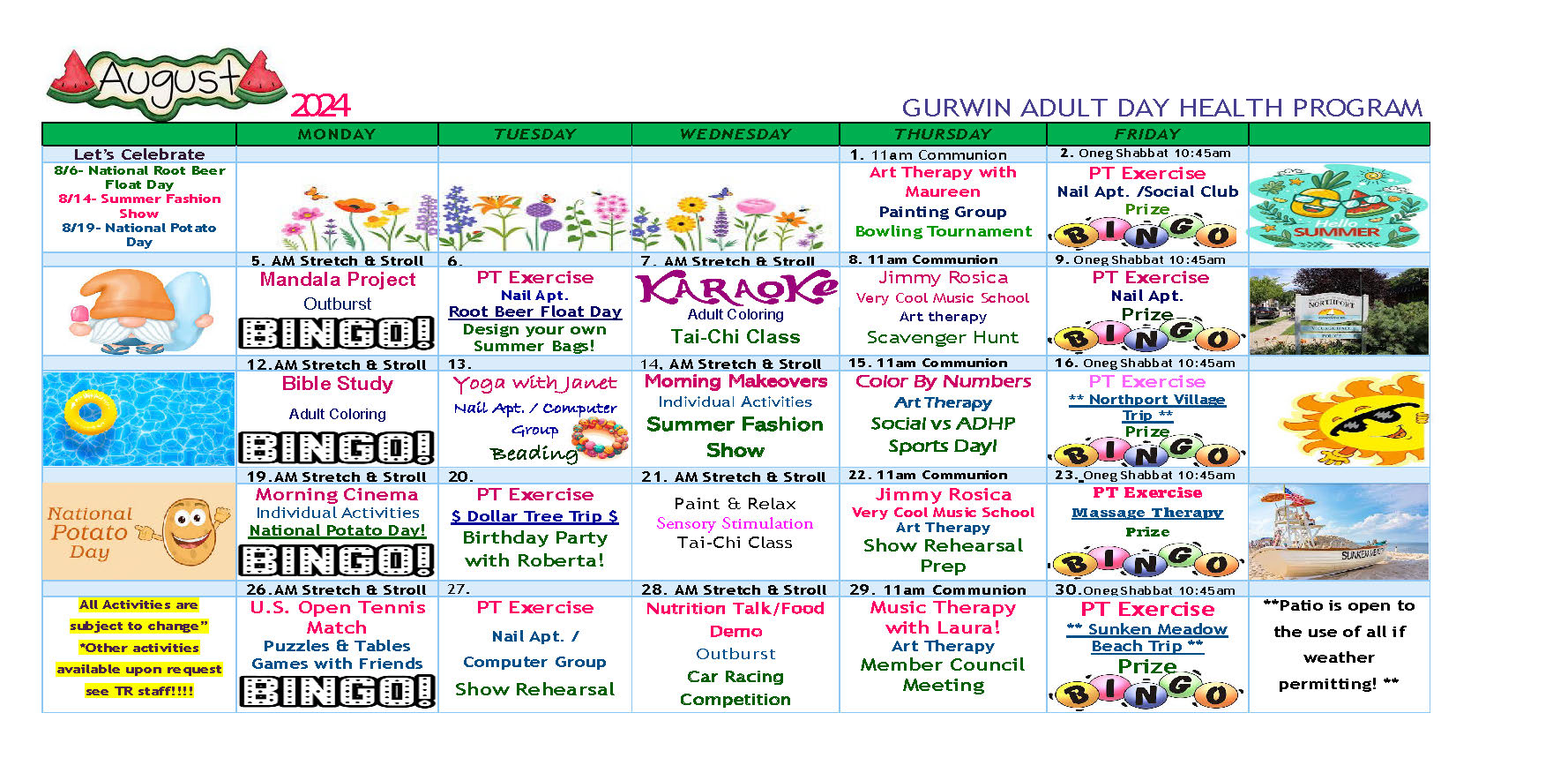 Adult Day Health Program Activities Calendar | Gurwin