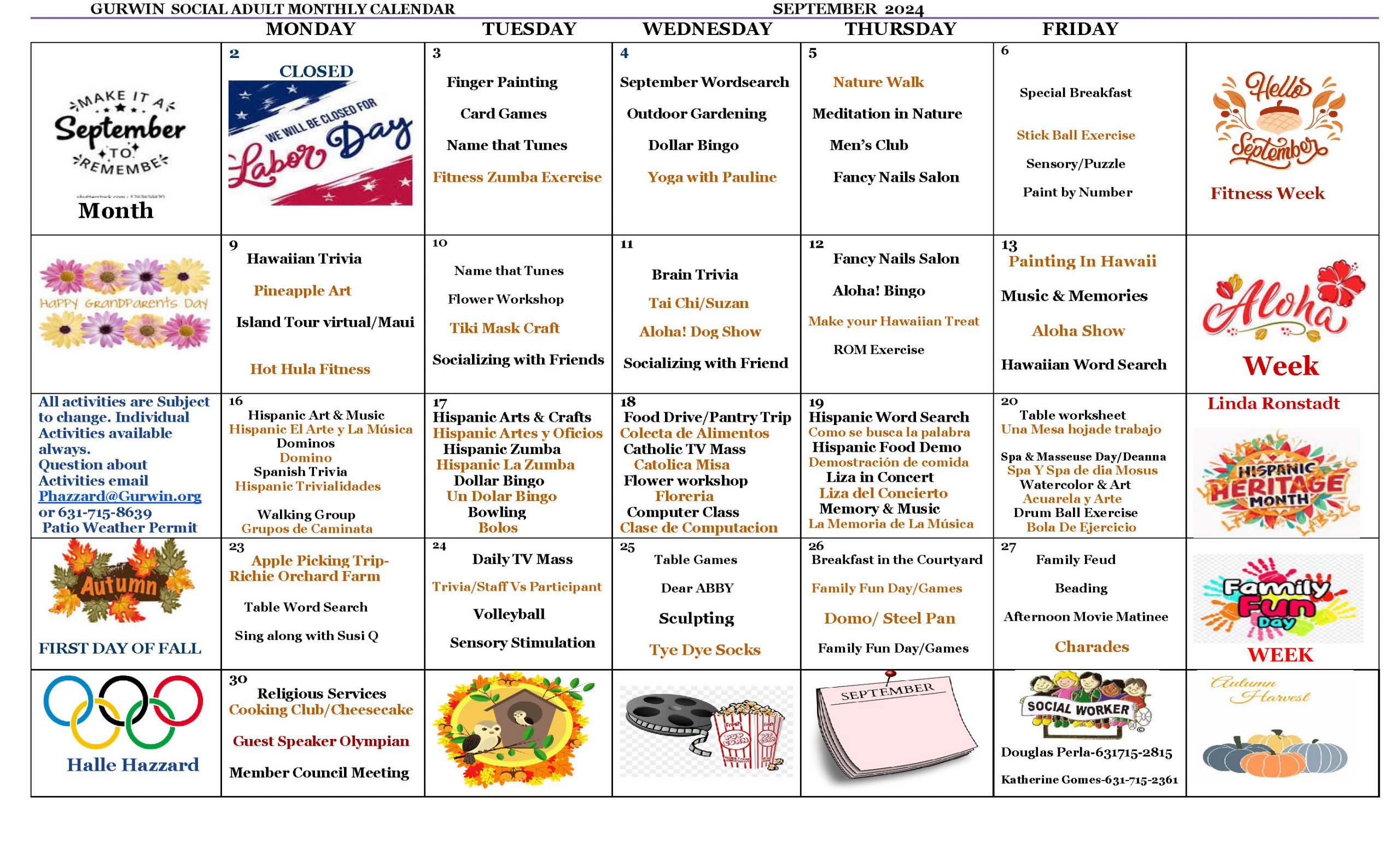 Adult Day Health Program Activities Calendar | Gurwin