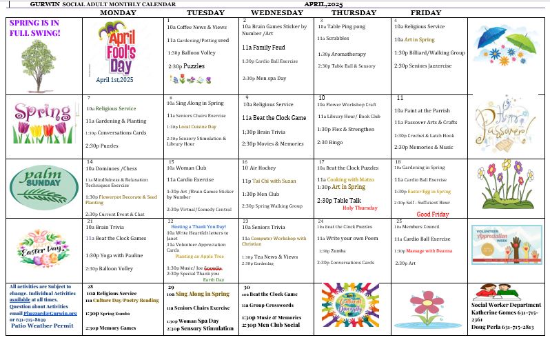 Adult Day Health Program Activities Calendar | Gurwin
